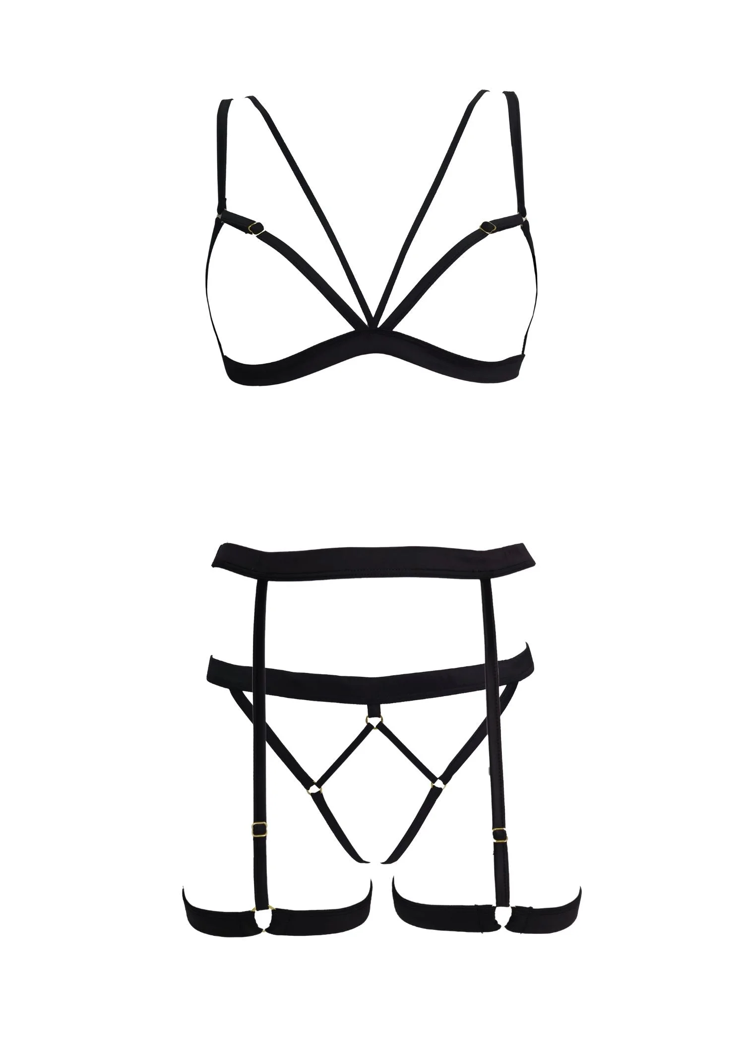 LINES Bra, Thong & Suspender Set (Black) - Borderfree
