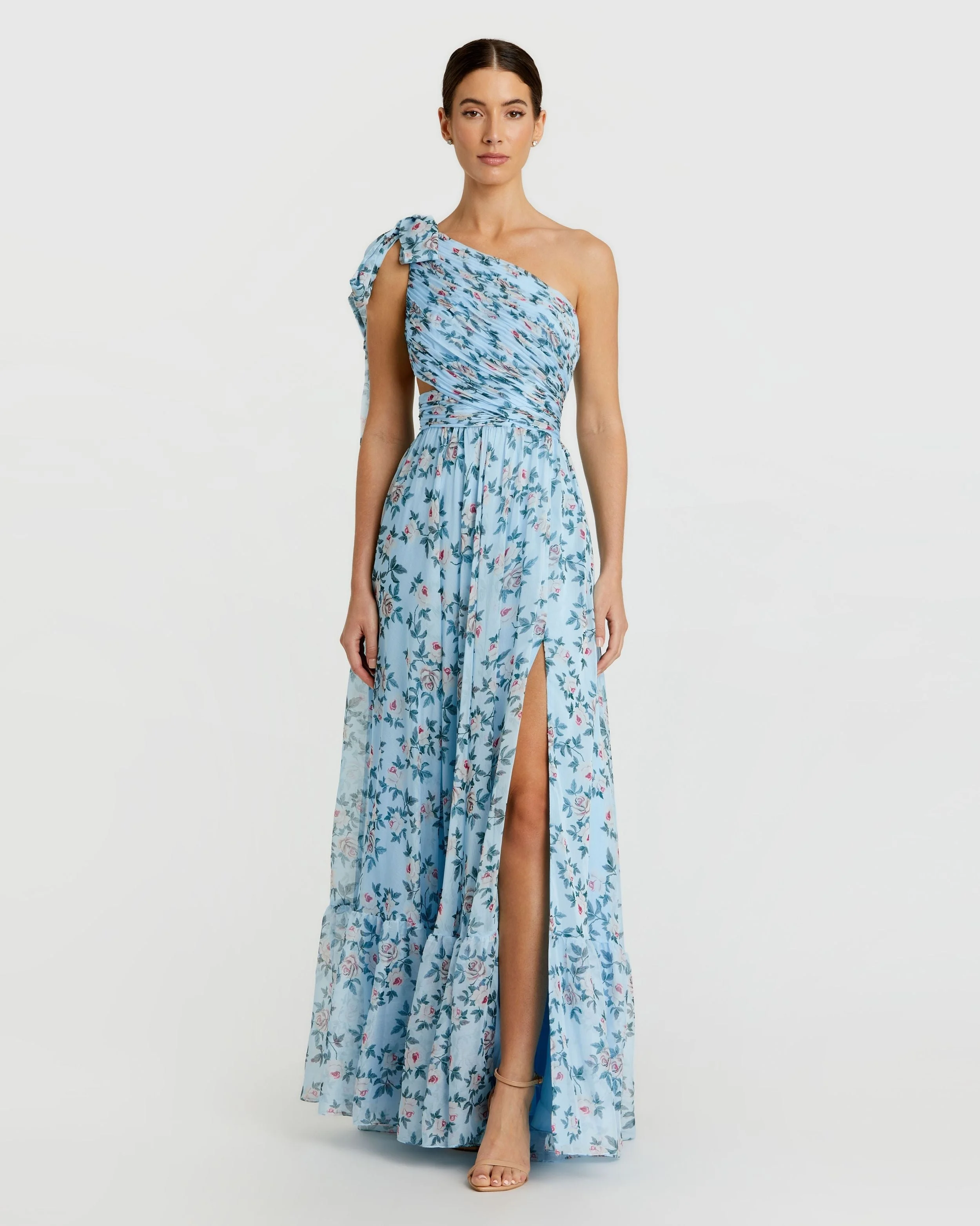 Blue Floral Chiffon One Shoulder Gown - Borderfree