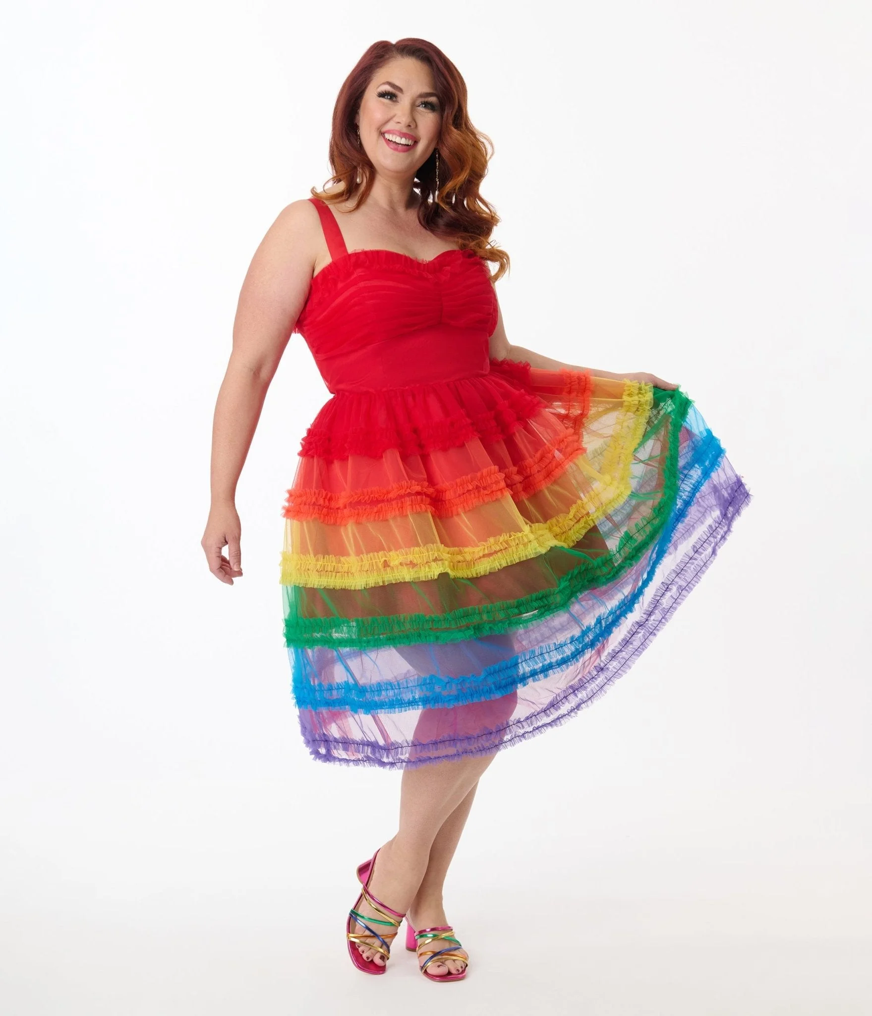 Unique Vintage Plus Size Rainbow Tiered Sheer Midi Dress - Borderfree