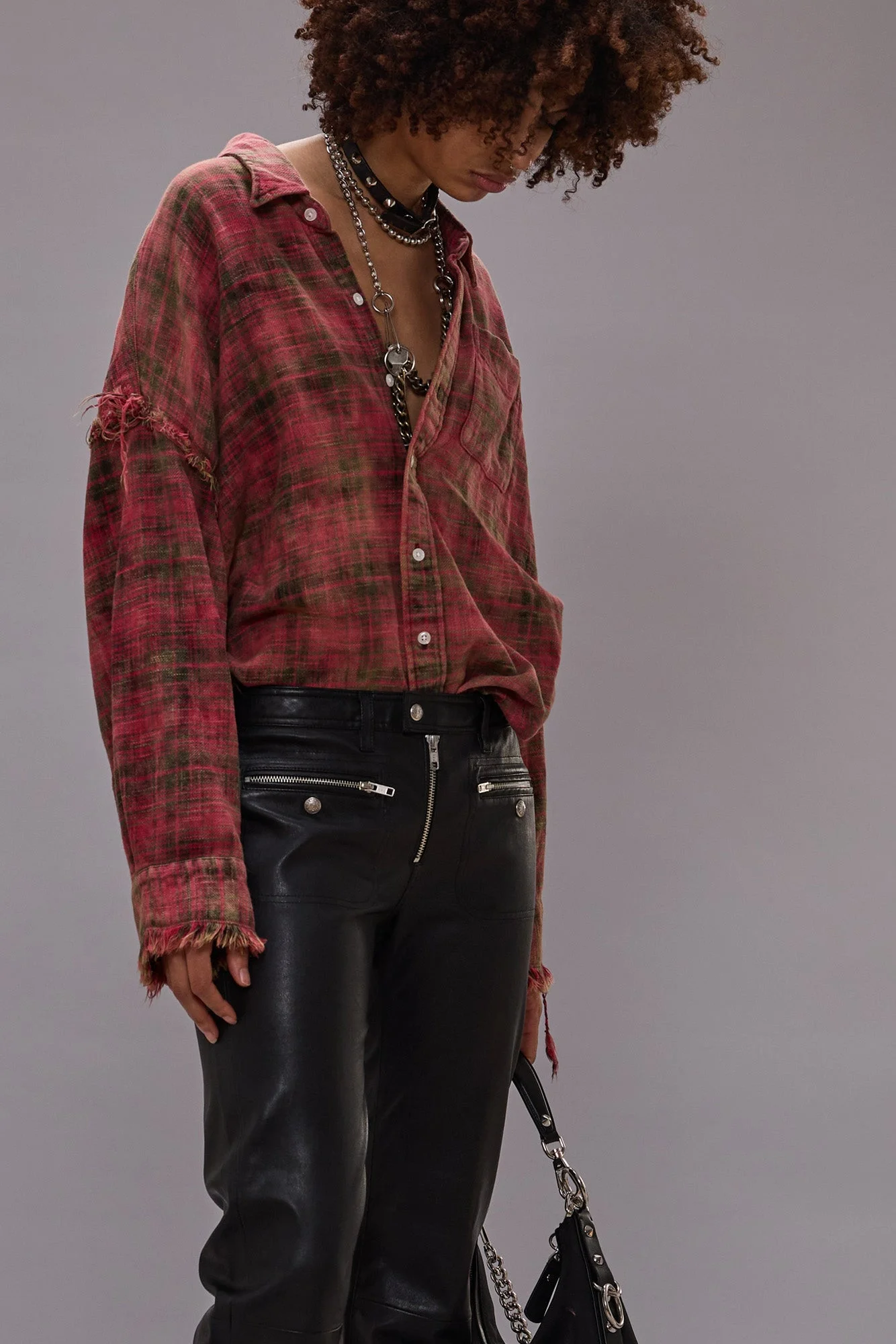 SHREDDED SEAM DROP NECK SHIRT - BLEACHED OUT RED PLAID - Borderfree