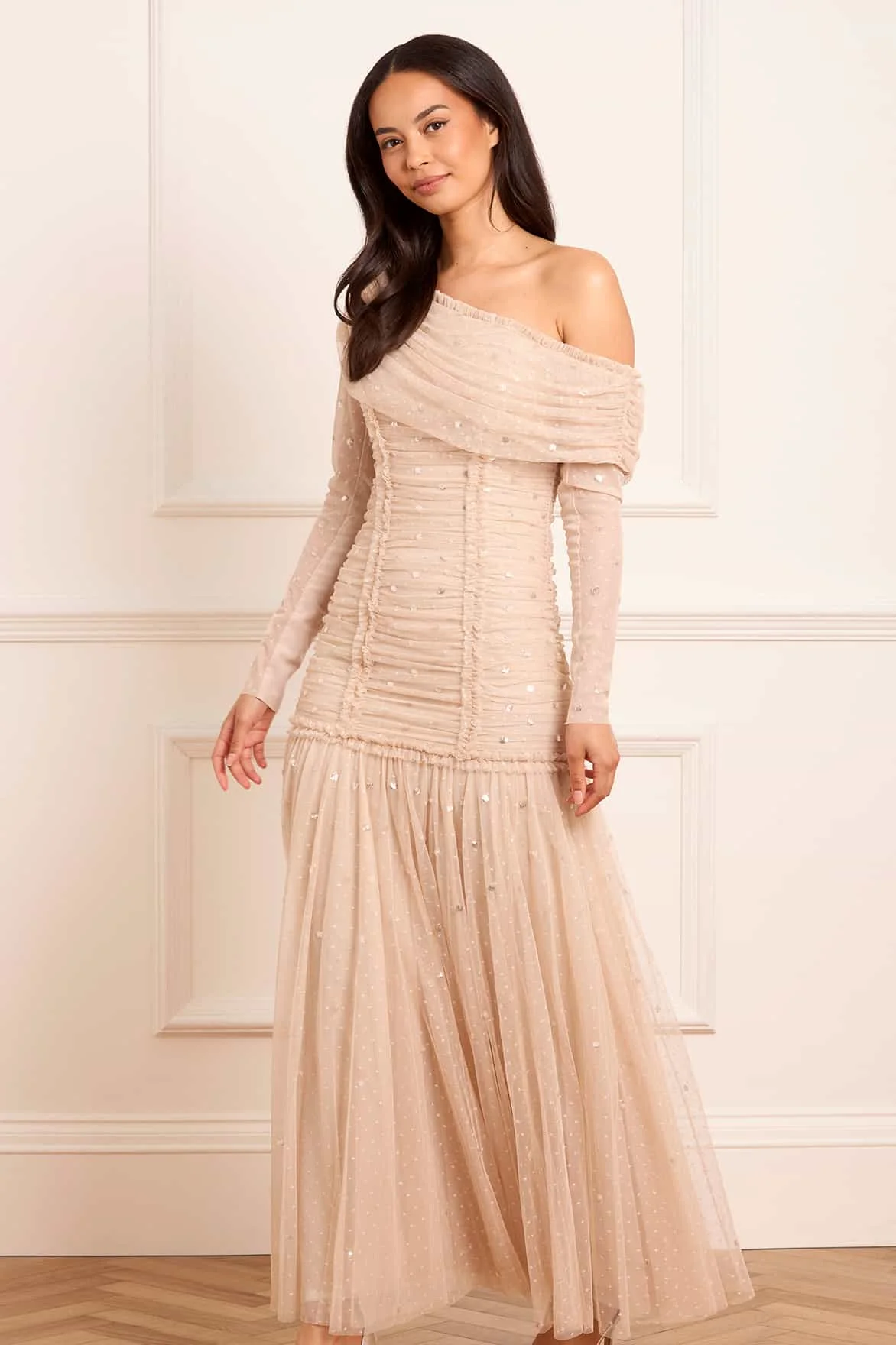 Gigi Dot One-Shoulder Rouched Gown - Borderfree