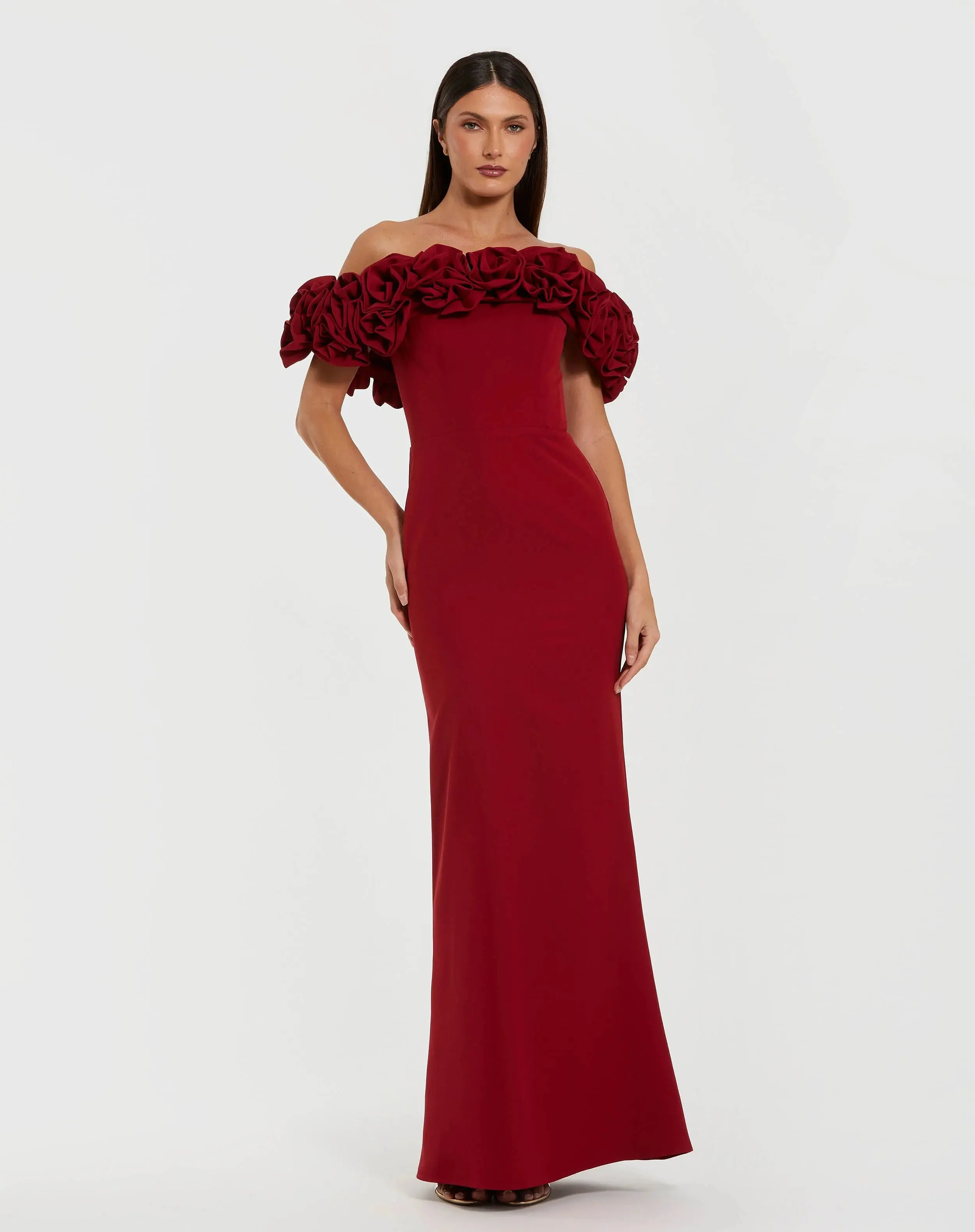 Red Crepe Off The Shoulder Column Gown With 3D Roses - Borderfree