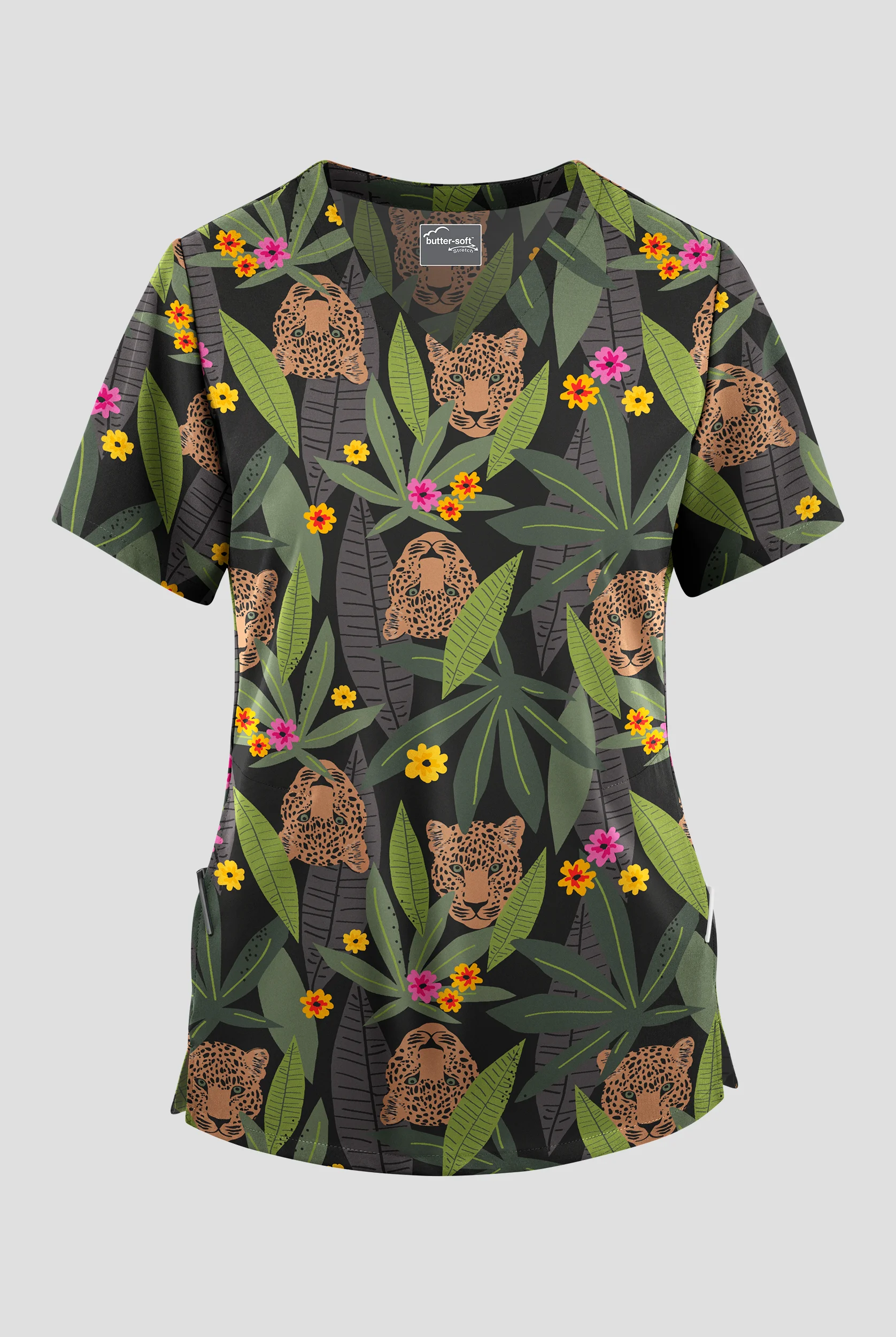 UA Butter-Soft STRETCH Exotic Jungle Women's 2-Pocket V-Neck Print ...