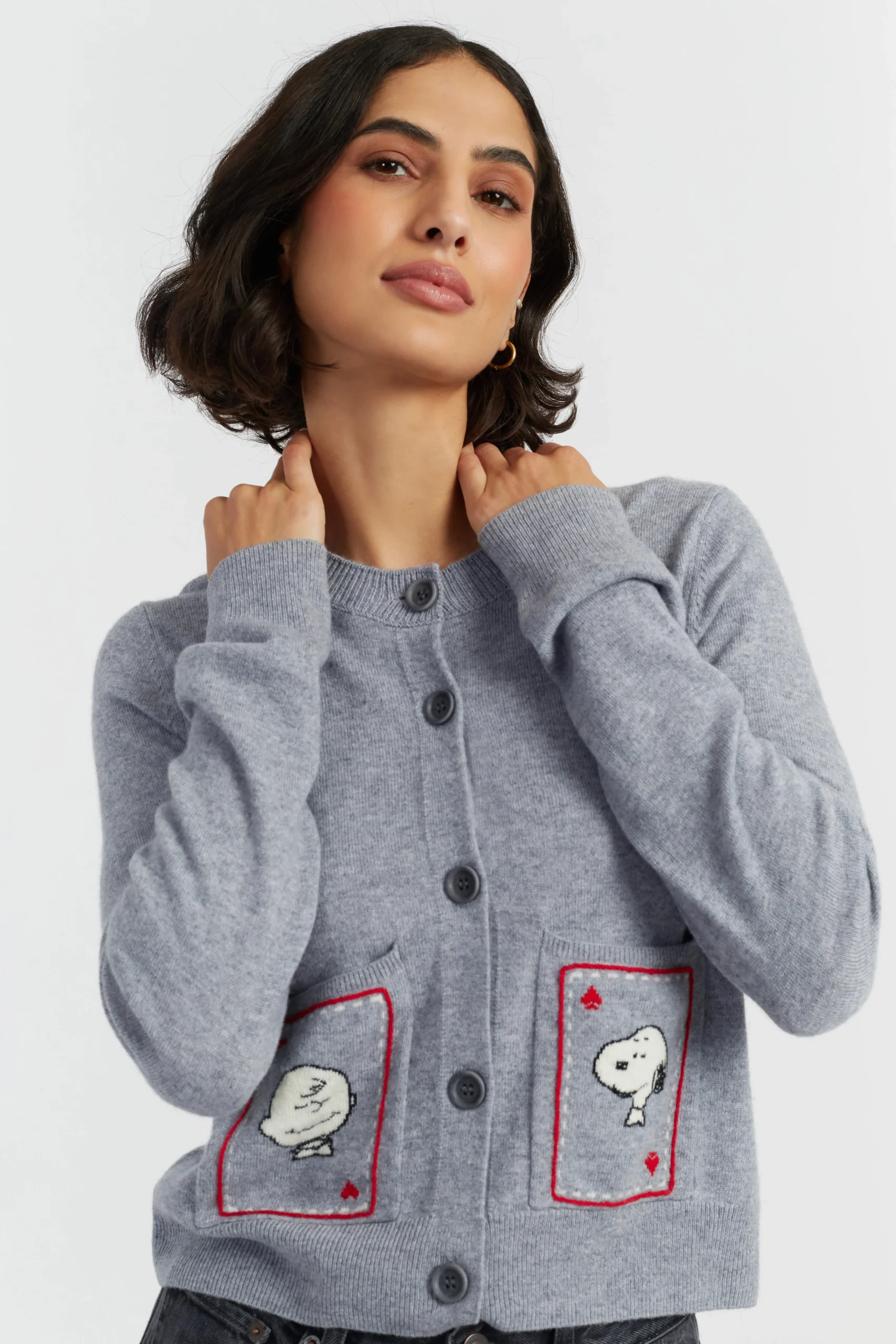 Grey Wool-Cashmere Snoopy & Charlie Brown Cardigan - Borderfree