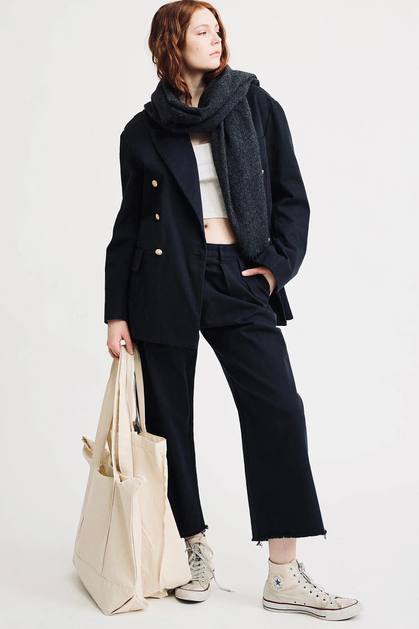 Cropped Double Pleat Wide Leg Chino - Black - Borderfree