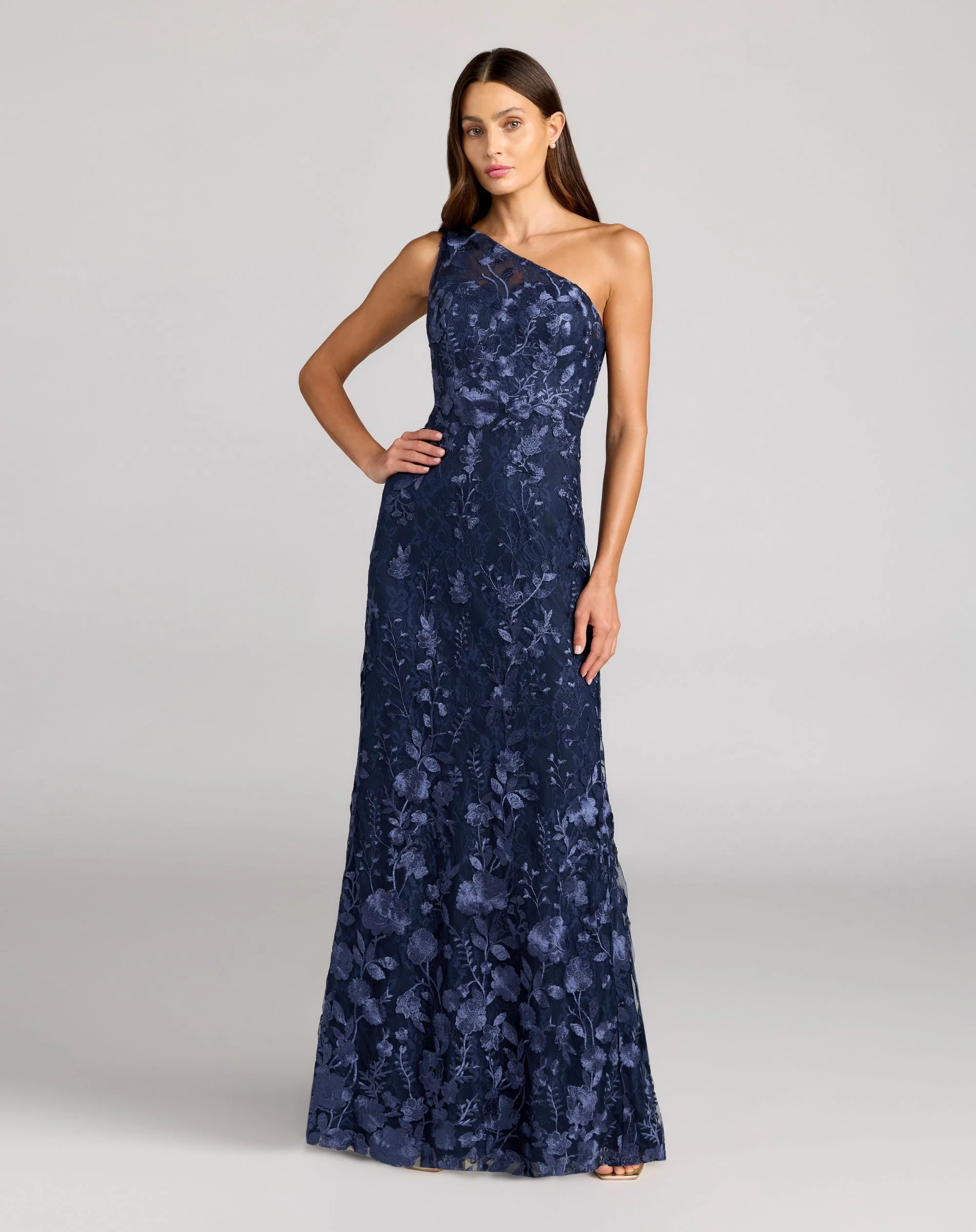 Navy One Shoulder Floral Embroidered Gown - Borderfree