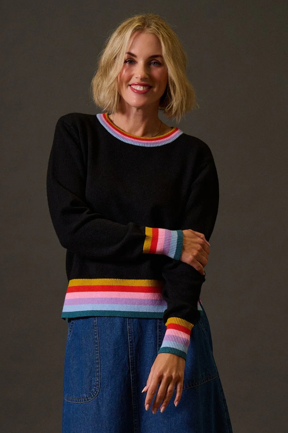 Clare Jumper - Black, Rainbow Trim - Borderfree