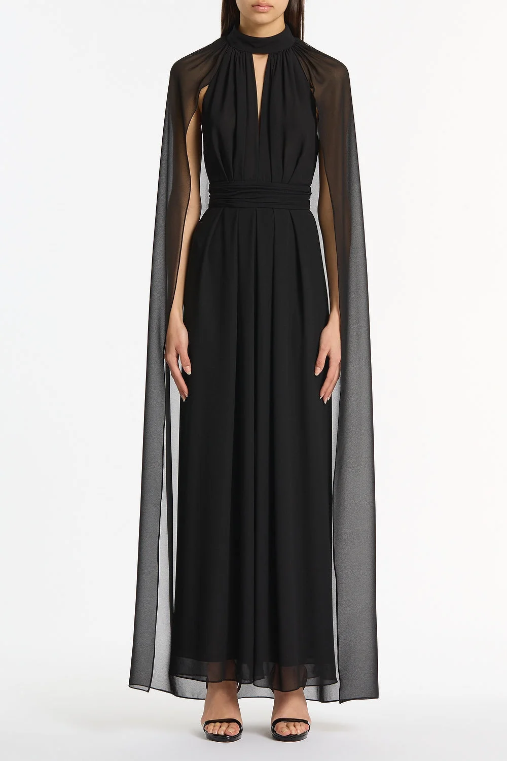 BLACK GEORGETTE HALTER CAPE GOWN - Borderfree