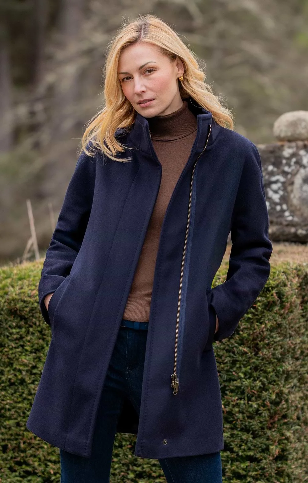 House of Bruar Ladies Wool Cashmere Zip Coat - Navy Blue - Borderfree