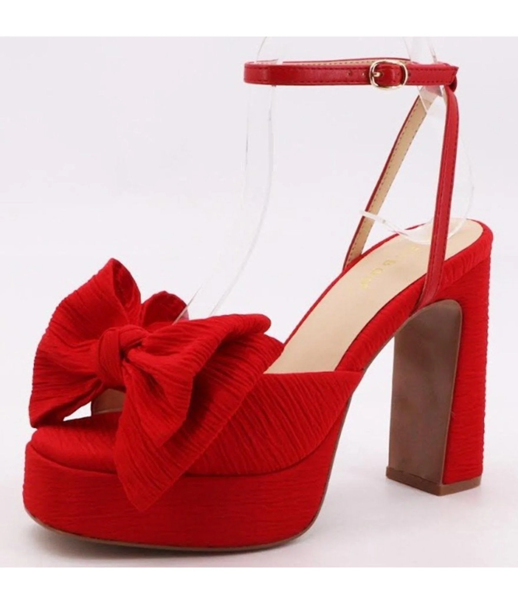 Red Bow Accent Platform Chunky Heels - Borderfree