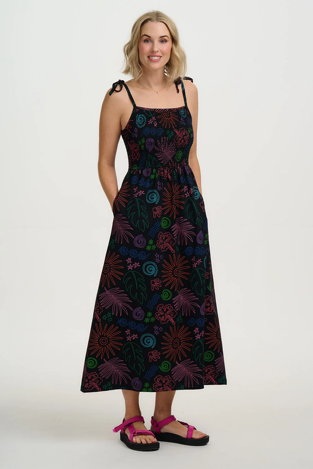 Willa Shirred Jersey Midi Dress - Black, Island Fiesta | Sugarhill ...
