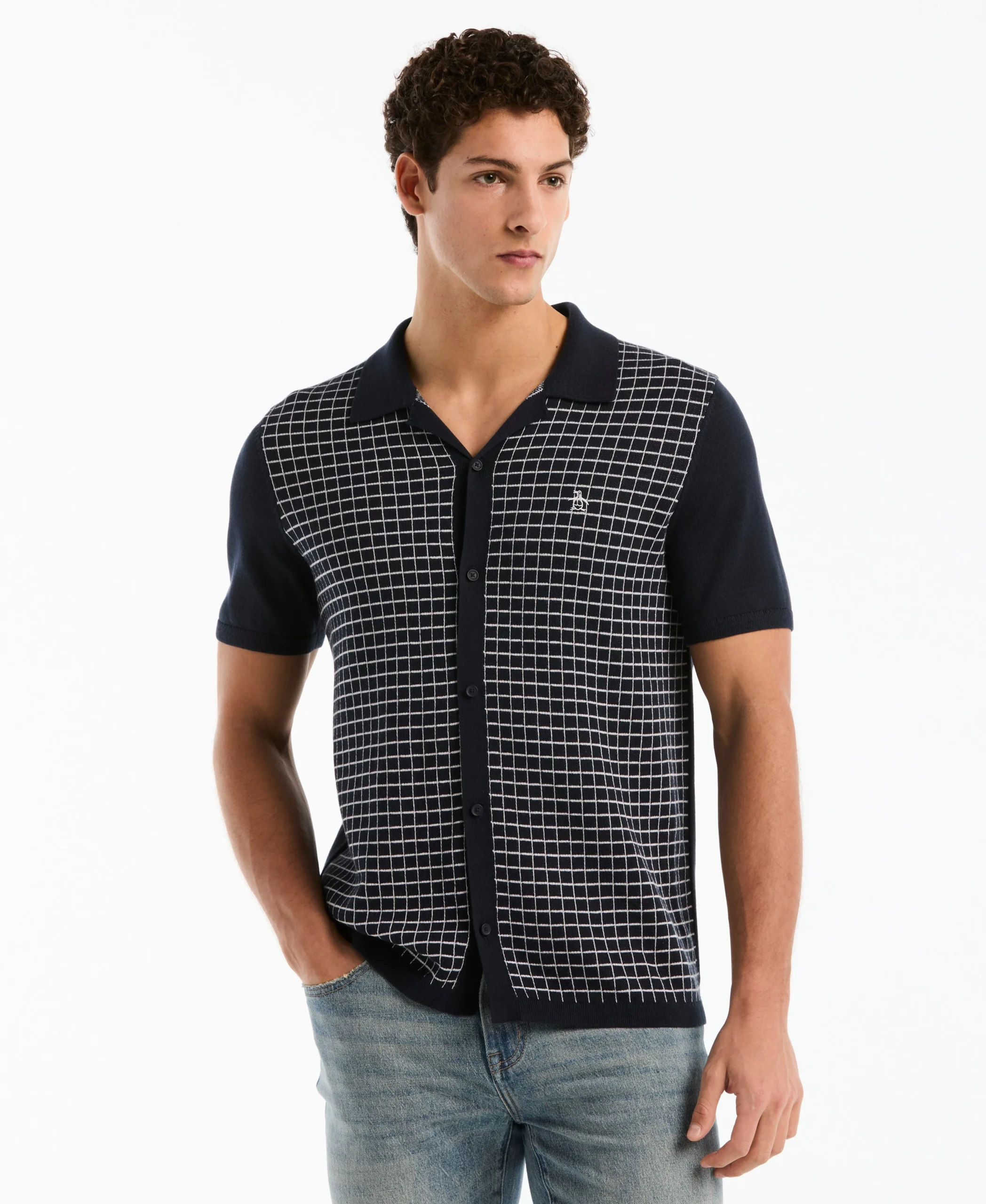 Chainstitch Grid Button-Front Sweater Polo | Original Penguin - Borderfree