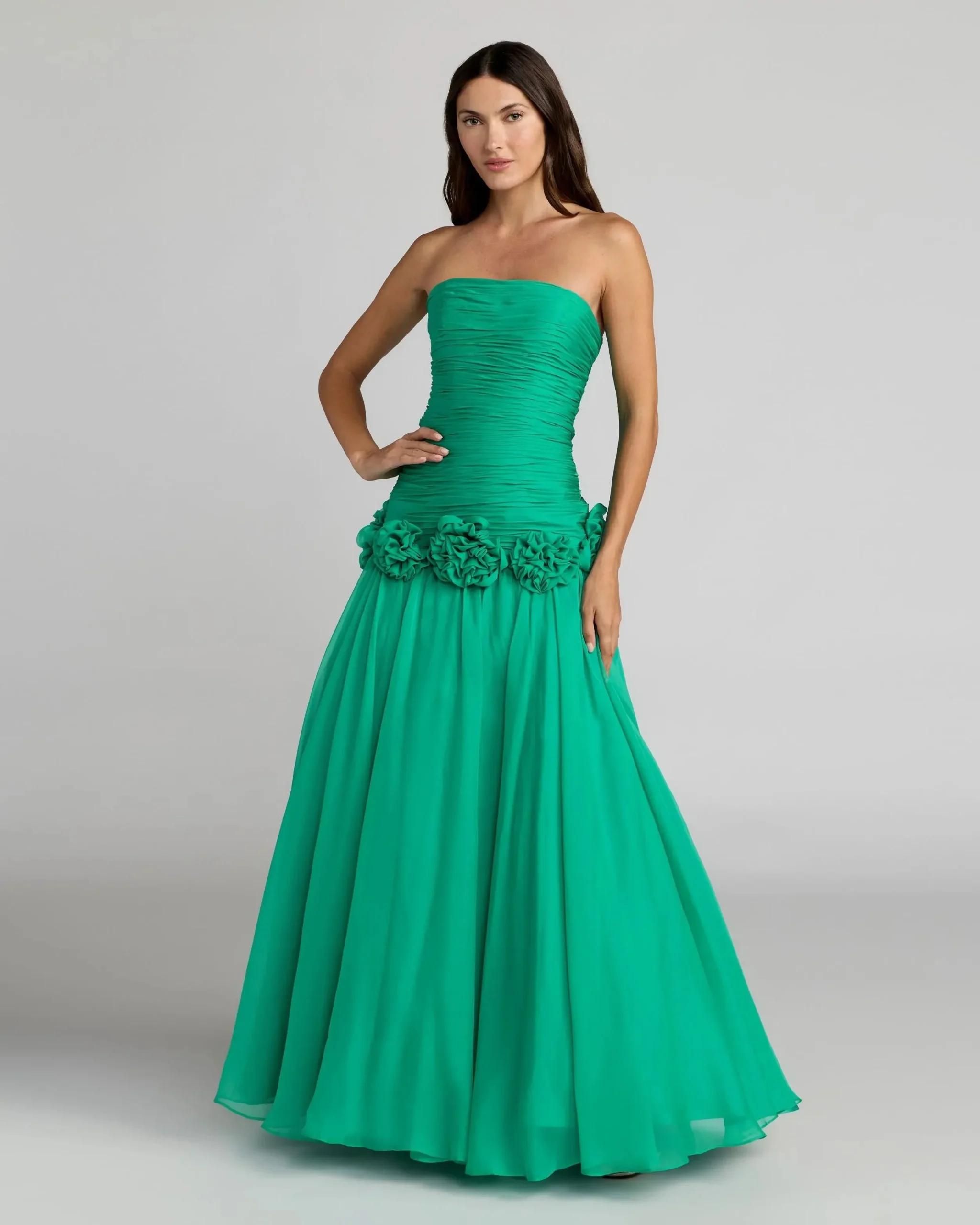 Green Strapless Chiffon Ball Gown With 3D Flowers | Mac Duggal - Borderfree
